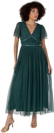 Anaya with Love Womens Ladies Midaxi Dress V-Neck Short Flutter Sleeve Ribbon A-Line Tulle for Bridesmaid Wedding Guest Prom Ball Gown Vert Émeraude 42