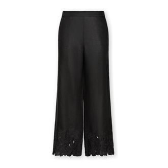 Elena Miro Leinenhose mit bestickten Kanten - - Trousers - Damen - Schwarzk - 4XL