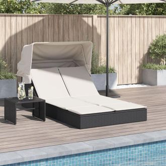 vidaXL Vidaxl - Chaise longue double et auvent et coussins noir r&eacute;sine tress&eacute;e