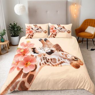 Generic Giraffe und Blumen Bettw&auml;sche 155x220 Tiere Bettw&auml;sche-Sets f&uuml;r Kinder Jungen Bettbezug Set 3D Druck Bettbez&uuml;ge Weiche Mikrofaser mit Rei&szlig;veschluss un