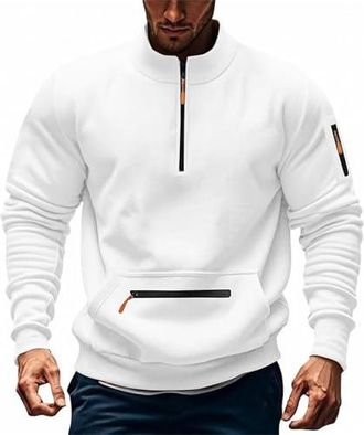 Generic Sweat &agrave; capuche en polaire pour homme hiver 2025 avec col montant, demi-fermeture &eacute;clair et plusieurs poches, blanc, XXL