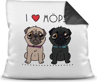 Tassendruck Mops-Kissen mit Spruch I Love Möpse - Kissenbezug inkl. Kissenfüllung/Hund/Tier/Pug/Cup/Rückseite Schwarz
