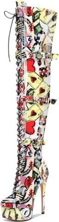 Castamere Femmes au-dessus du Genou Aiguille Talon Heel Plate-forme Bottes Rond Bout Lacets Boucle Fermeture à Glissière 15 CM Heels Motif de poker 38 EU