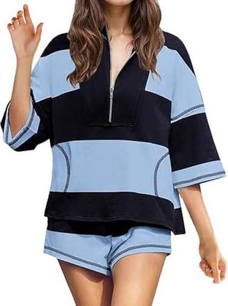 Generic Ensemble dentra&icirc;nement 2 pi&egrave;ces pour femme &agrave; rayures surdimensionn&eacute; assorti avec chemise et short &agrave; fermeture &eacute;clair 1/4, bleu ciel, XXL