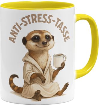 OM3 Erdm&auml;nnchen Anti-Stress Kaffee-Tasse - Lustige Meerkat Keramiktasse mit Tier-Motiv - Keramik Becher - 325ml - Beidseitig Bedruckt - Gelb