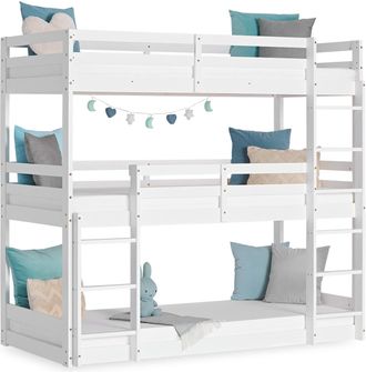 Homestyle4u Dreifach Etagenbett 90x200 f&uuml;r 3 Kinder mit Treppe Lattenrost Kinderbett Hochbett Wei&szlig; Kiefer Holz | Artikel 1978