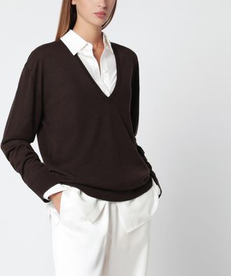 Toteme Brauner V-Ausschnitt-Pullover aus Lyocell und Kaschmir