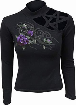 Spiral Rose Tribale Femme T-Shirt Manches Longues Noir XL 100% Coton Slim Fit