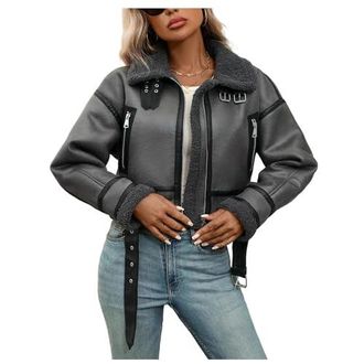 Generic Veste courte en cuir synthétique pour femme - Automne et hiver - Fermeture éclair - Style motard, Gris 9., XS