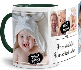 Tassendruck Foto-Tasse selbst gestalten mit Text & Collage für 4 Fotos - Geschenk für Familie, Freunde, Geburtstag, Weihnachten - Keramik Innen & Henkel Dunkelgrü