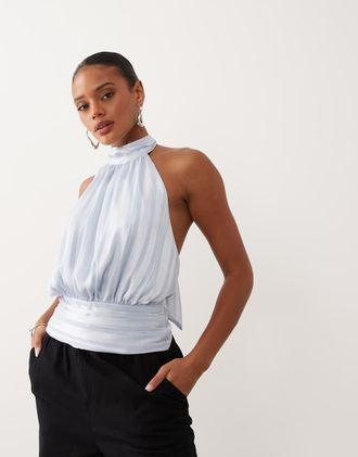 Gina Tricot Gina Tricot - Tailliertes Neckholder-Oberteil aus Satin in Hellblau