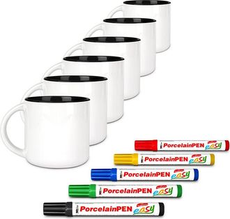 Tassendruck Bastel-Tassen ohne Druck zum Bemalen aus Hochwertiger Keramik Einzeln oder im Set/Mug/Cup/Becher/Pott Pott Innen Schwarz 6er Set mit Porzellanmalstift