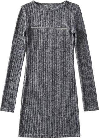 Generic Robes amincissantes dhiver - Mini robe moulante d&eacute;contract&eacute;e avec fermeture &eacute;clair sur le devant - Manches longues - Col rond - &Eacute;paissies - Extensible