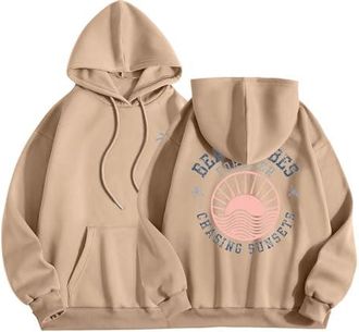 Generic Sweat &agrave; capuche col rond pour femme, collection Seaside Beach Sunset Sunset, top pour femme, v&ecirc;tements vintage, kaki, L