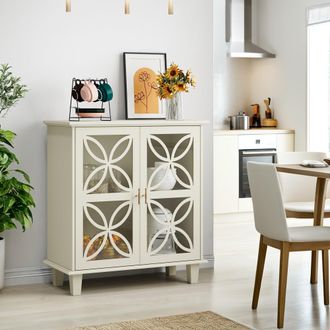 Generic Sideboard Creme Mit Verstellbaren Einlegeb&ouml;den Und Hartglast&uuml;ren, Anrichte Freistehend Aus Holzwerkstoff Mit Massivholzbeinen, Dekorativer Stauschrank