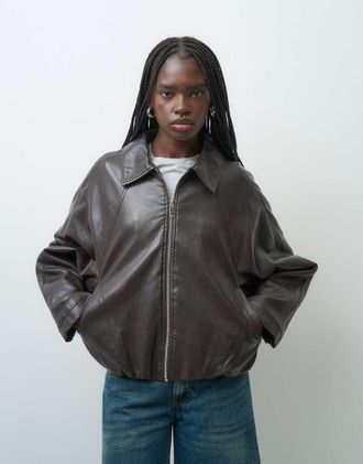 Only bomber en simili cuir marron chocolat