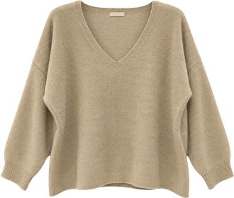 Meimeij Pull en maille &agrave; col en V - Femme - Pulls - Beige - Taille: 38 FR