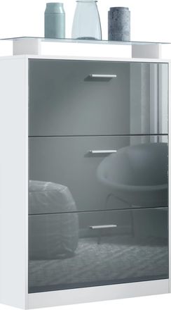 Vladon Schuhschrank Lavia, Made in Germany, Schuhkipper für 24 Paar Schuhe mit 3 Klappen und Glasablage, Weiß matt/Grau Hochglanz (89 x 128 x 23 cm)