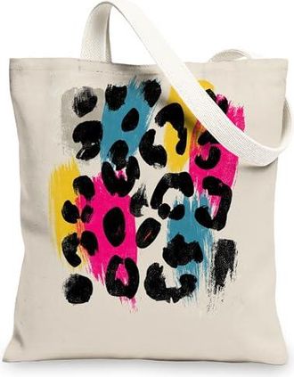 Generic Sacs fourre-tout en toile motif léopard, sacs dépicerie réutilisables, légers et lavables à bandoulière pour G, beige, 13x15 Inch