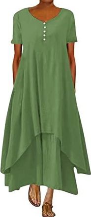 ORANDESIGNE Robe Longue Femme Kaftan en Coton et Lin Robe Ample Col V Boho Plage Eté Robes Décontracté Chic Manches Longues Grande Taille Maxi Robes A-Line 2 in 1