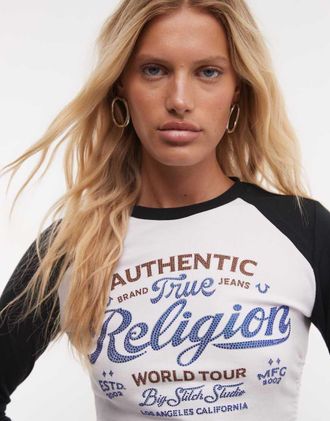 True Religion Oberteil mit Kristall-Logo-Print, lang&auml;rmelig, Raglan&auml;rmel, in Wei&szlig;/Schwarz