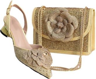 Generic Ensemble chaussures à talons et sac pour femme avec strass pour fête de mariage et occasions formelles, doré, 42.5 EU