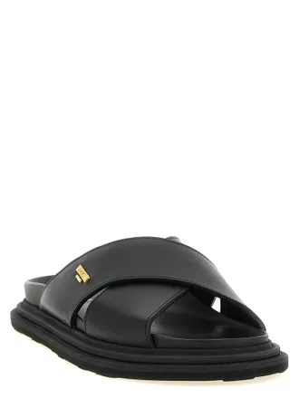 Moschino Calf Leather Crossed-Band Slide - Black