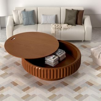 Generic Runder Couchtisch mit Stauraum, moderner, handgefertigter, geriffelter runder Couchtisch mit massivem, furniertem und stabilem Sockel, f&uuml;r Wohnzimmer,
