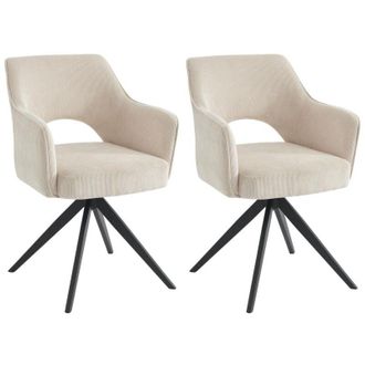 Vente-Unique Lot de 2 chaises pivotantes avec accoudoirs en velours c&ocirc;tel&eacute; et m&eacute;tal noir - Cr&egrave;me - KONYA