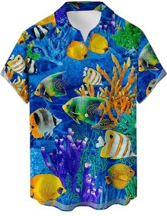 Generic Chemise hawaïenne pour homme, coupe ample, motif océan, chemise dété à col rond, chemise boutonnée, chemise décontractée à manches courtes, légère et 