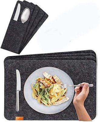 Herzberg HG04203, Tischsets und Untersetzer-Set aus Naturfilz, 18-teilig, rutschfest, leicht zu reinigen, praktischer Schutz f&uuml;r Esstisch, Farbe Schwarz, masch