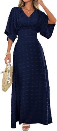 Generic Robe trapèze à manches flottantes et col en V pour femme, taille haute, robe élégante texturée à pois, bleu marine, XL