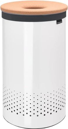 Brabantia Wäschekorb - Quick-Drop-Öffnung - Perfekt sitzenden Baumwollwäschesack - Korrosionsfrei - Mit Belüftungslöcher - Korkdeckel - Wäschesammler - Weiss - 