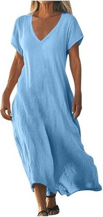 TOMWELL Robe Longue Femme Grande Taille Manches Courtes Robe de Plage Couleur Unie Col en V Ete Robes A Bleu XXL