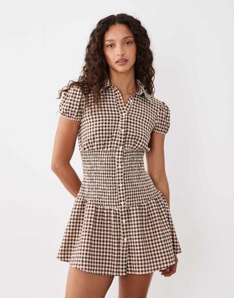 Asos Robe chemise courte &agrave; manches bouffantes - Vichy marron