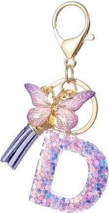 Generic Porte-cl&eacute;s en r&eacute;sine avec pendentif papillon et pompon en forme de lettre de lalphabet A Z pour sac de femme Petit portefeuille pour femme, PP4, taill