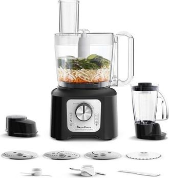 Moulinex Double Force Compact Robot Cuisine Multifonction, Bol 3L, 800W, 2 Vitesses + Pulse, 9 Accessoires, Blender, Hachoir, Râpes, Noir FP546811