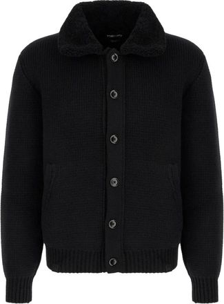 Tom Ford Homme, Pulls, Noir, Taille: L Gilet en cachemire &agrave; col en peau lain&eacute;e