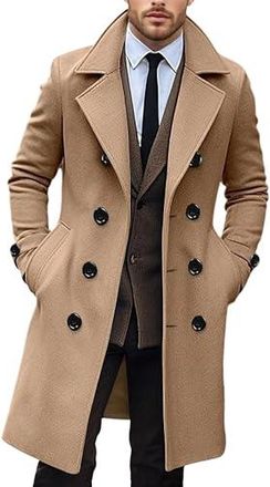 Generic Manteau long dhiver pour homme - Trench &agrave; double boutonnage - Veste &agrave; revers crant&eacute; - Veste chaude pour les affaires et les loisirs, kaki, 4XL