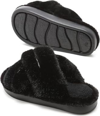 Generic Pantoufles dhiver floues &agrave; Bandes crois&eacute;es pour Femmes, Chaussures dint&eacute;rieur et dext&eacute;rieur rembourr&eacute;es en Mousse &agrave; m&eacute;moire de Forme, Diapositives &agrave; P