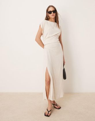 Asos Midikleid aus Leinen in Hellbeige mit Rückenausschnitt und drapierter Taille-Neutral