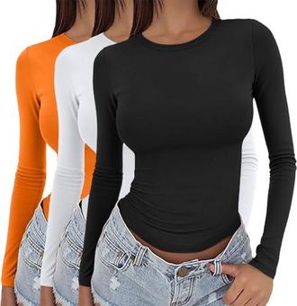 Generic T-shirt ajust&eacute; pour femmes, ensemble de 3 hauts &agrave; manches longues &agrave; col rond, thermiques, extensibles, sous-v&ecirc;tements superpos&eacute;s, basiques, ajust&eacute;s, &agrave;
