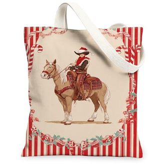 Generic Sacs fourre-tout en toile motif cheval de cowboy de No&euml;l, sacs d&eacute;picerie r&eacute;utilisables, l&eacute;gers et lavables, Rouge, 13x15 Inch