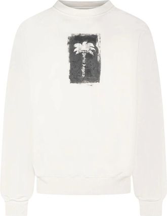 Palm Angels SweaT-shirt en coton doux &agrave; col rond et motif palmier - Homme - Sweatshirts et sweats &agrave; capuche - Blanc - Taille: M