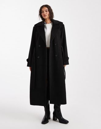 4th & Reckless Trench-coat ceintur&eacute; coupe habill&eacute;e mi-longue en aspect laine avec double boutonnage - Noir