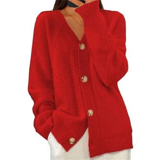 Generic Pull &agrave; col en V pour femme - Style d&eacute;contract&eacute; et polyvalent - Coupe-vent - Manches longues, Rouge, Taille XS