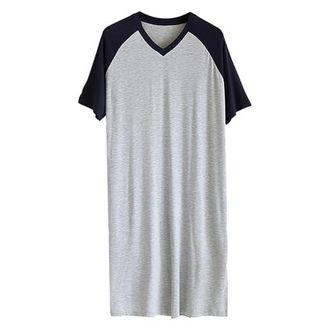 Generic DUHENWU Chemise de nuit &agrave; manches courtes pour homme - Une pi&egrave;ce - A&eacute;r&eacute; - Long v&ecirc;tement de nuit - Col rond - Manches courtes - Coton et lin - Conforta