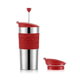 Bodum K11067-04 TRAVEL PRESS SET Thermo-Kolbenbecher, doppelwandig, Edelstahl, extra Deckel, 0,35 l, Rot