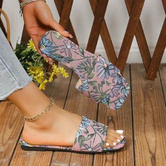 Generic ZBDZSW Mode Fleur Talon Plat Pantoufles Femmes &Eacute;t&eacute; Bout Carr&eacute; Antid&eacute;rapant Slides Femme L&eacute;ger Imprim&eacute; Casual Plage Tongs, fleurs roses, 5.5 UK