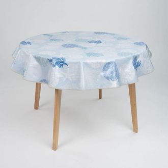 Laro 140cm runde Wachstuch Tischdecke abwaschbar Wachstuchtischdecke mit Saum-Eingefasst-Paspelband, Muster:Strand Muschel Koralle Blau, Größe: Rund 140cm